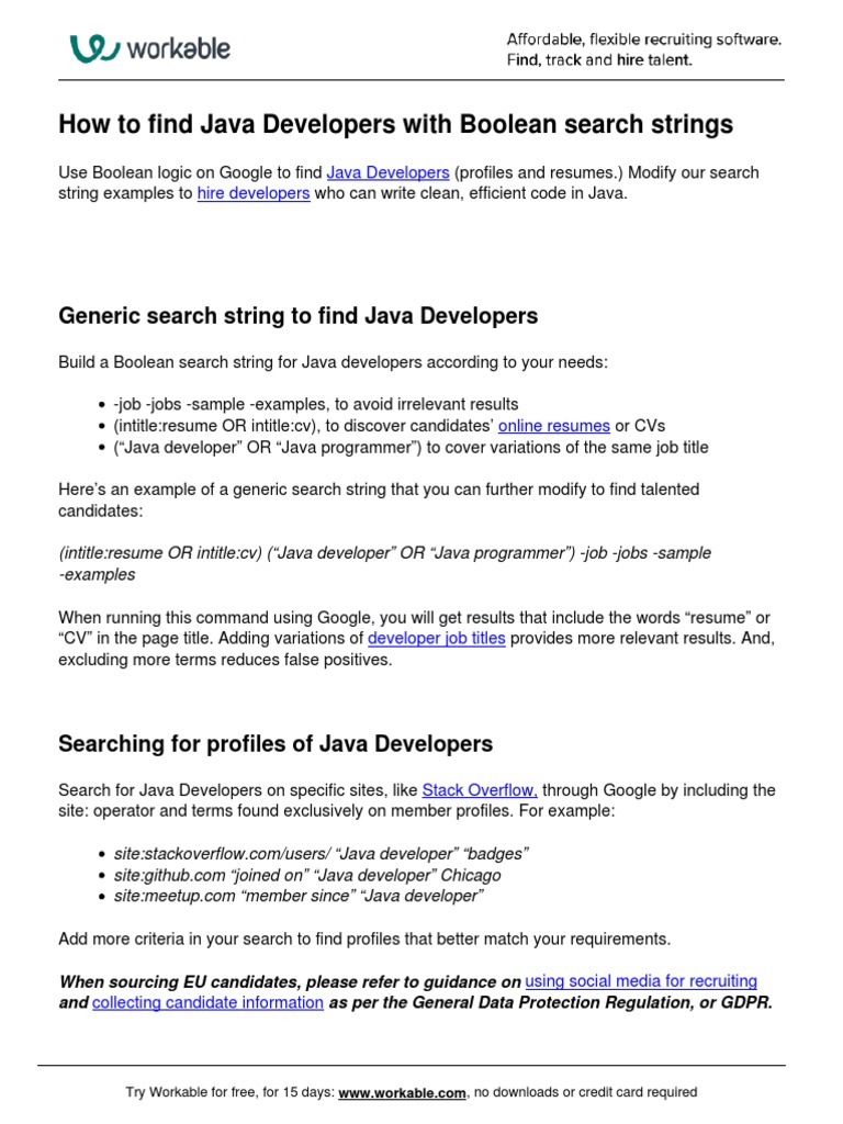 Find Java Developers Boolean Search Strings | PDF | Java (Programming ...