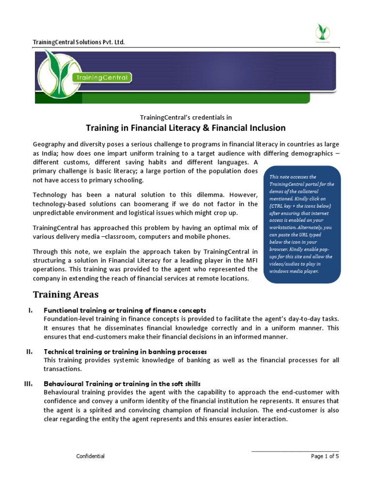 Training Central in Financial Literacy | PDF | Financial Inclusion ...