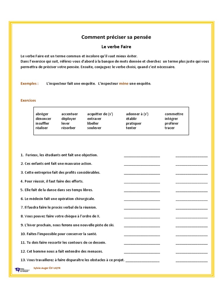 Préciser le verbe "faire" en français | PDF | Évolution de carrière ...