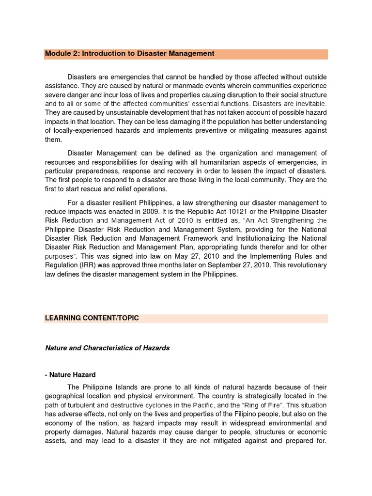 Module 2: Introduction To Disaster Management: Learning Content/Topic ...
