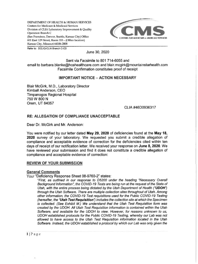 CMS Letters To Timpanogos in June and August of 2020 | PDF