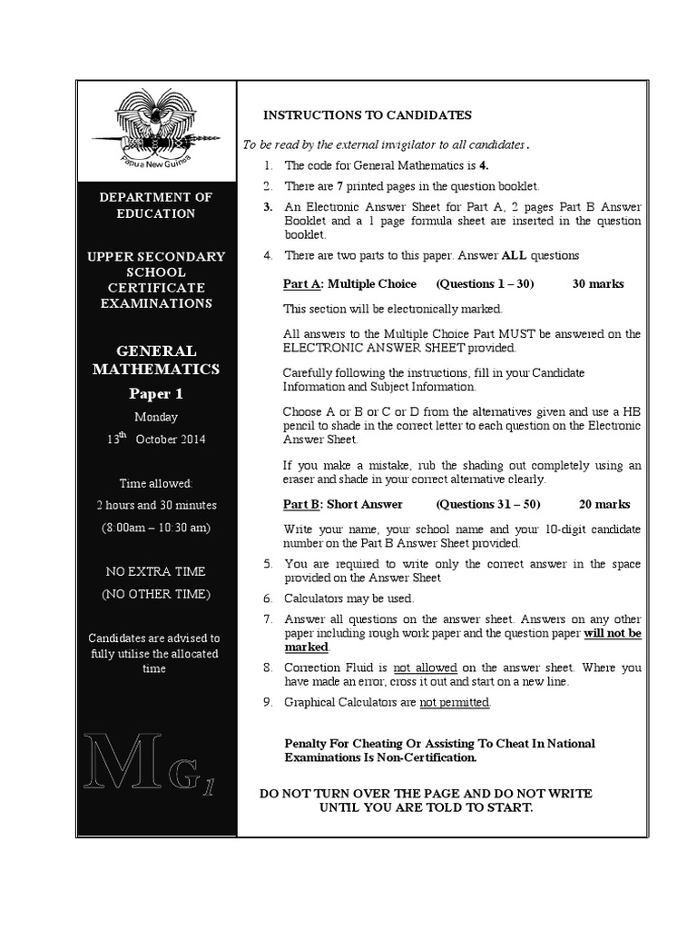 General Mathematics Paper 1: Upper Secondary School Certificate ...