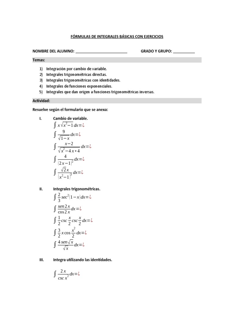 Fórmulas de Integrales Básicas Con Ejercicios | PDF | Integral ...