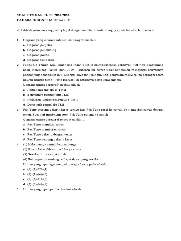 Soal Pts Ganjil B. Indonesia Kls 4 | PDF | Kajian Bahasa Asing | Griya & Taman