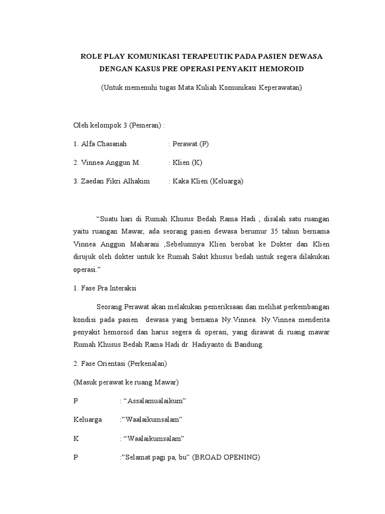 Role Play Komunikasi Terapeutik Pada Pasien Dewasa Dengan Kasus Pre Operasi Penyakit Hemoroid ...