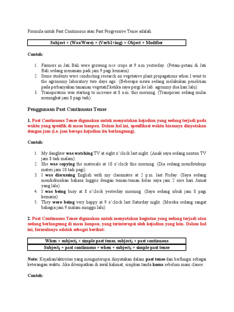 Formula Untuk Past Continuous Atau Past Progressive Tense Adalah | PDF