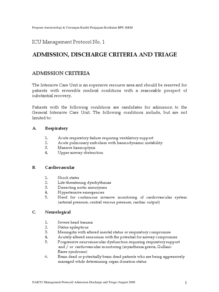 01 Admission Discharge Criteria and Triage | PDF | Intensive Care Unit ...