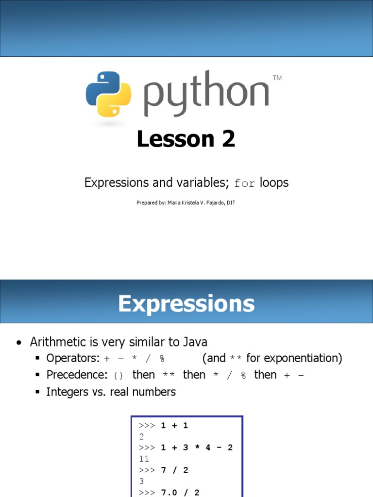 02 Expressions Variables Forloops | PDF | Integer (Computer Science) | Variable (Computer Science)
