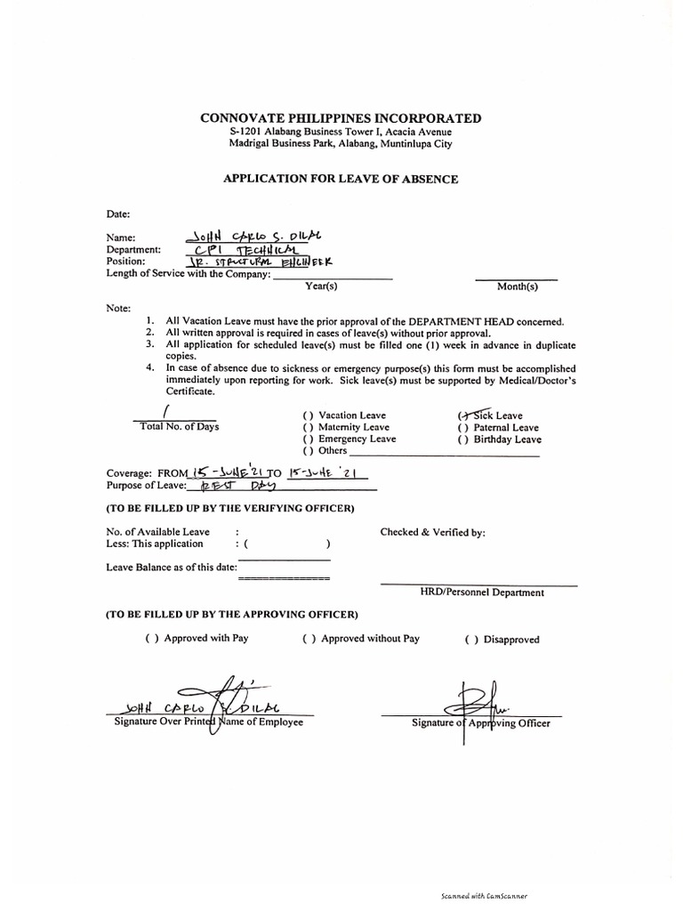 Sick Leave Form | PDF