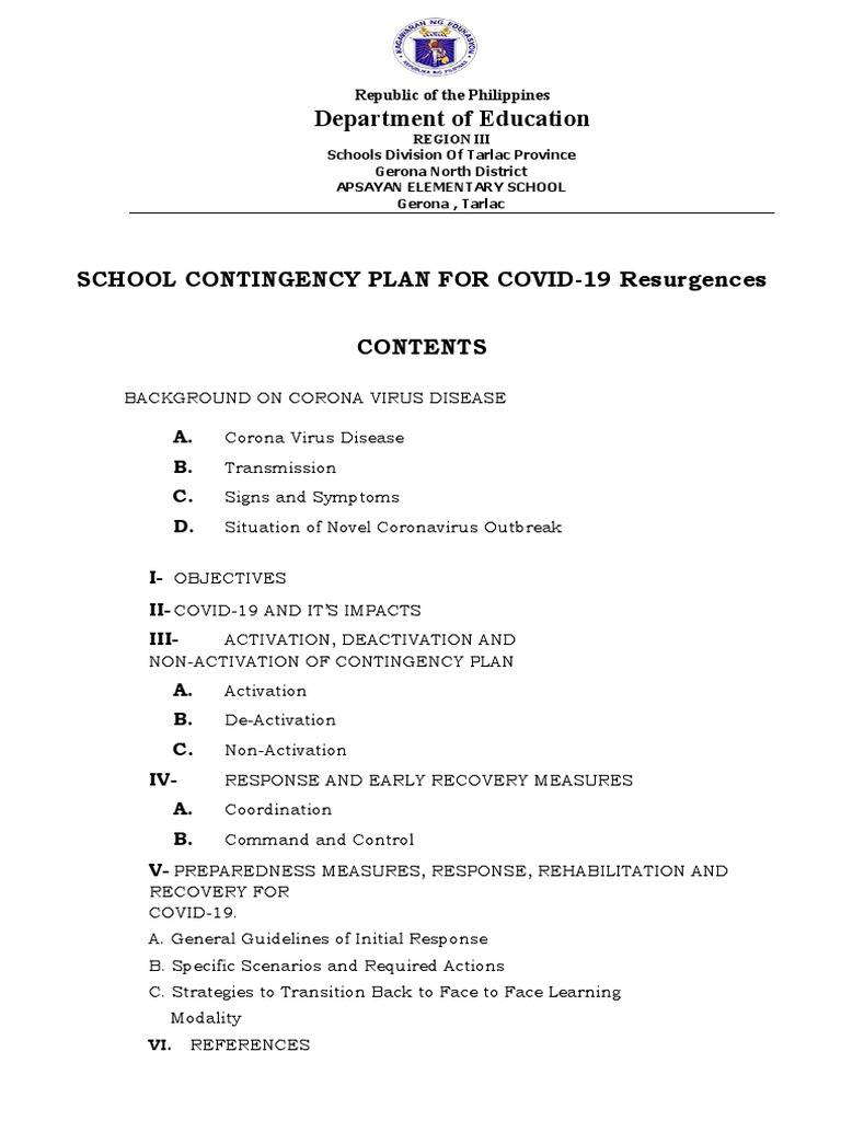 Department of Education: School Contingency Plan For Covid-19 ...