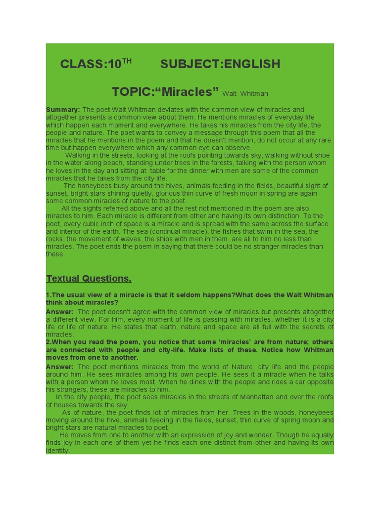 CLASS:10 Subject:English TOPIC:"Miracles": Textual Questions | Download ...