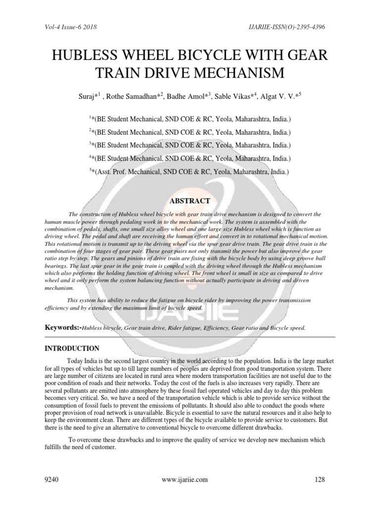 Hubless Wheel Bicycle With Gear Train Drive Mechanism | PDF | Gear | Transmission (Mechanics)