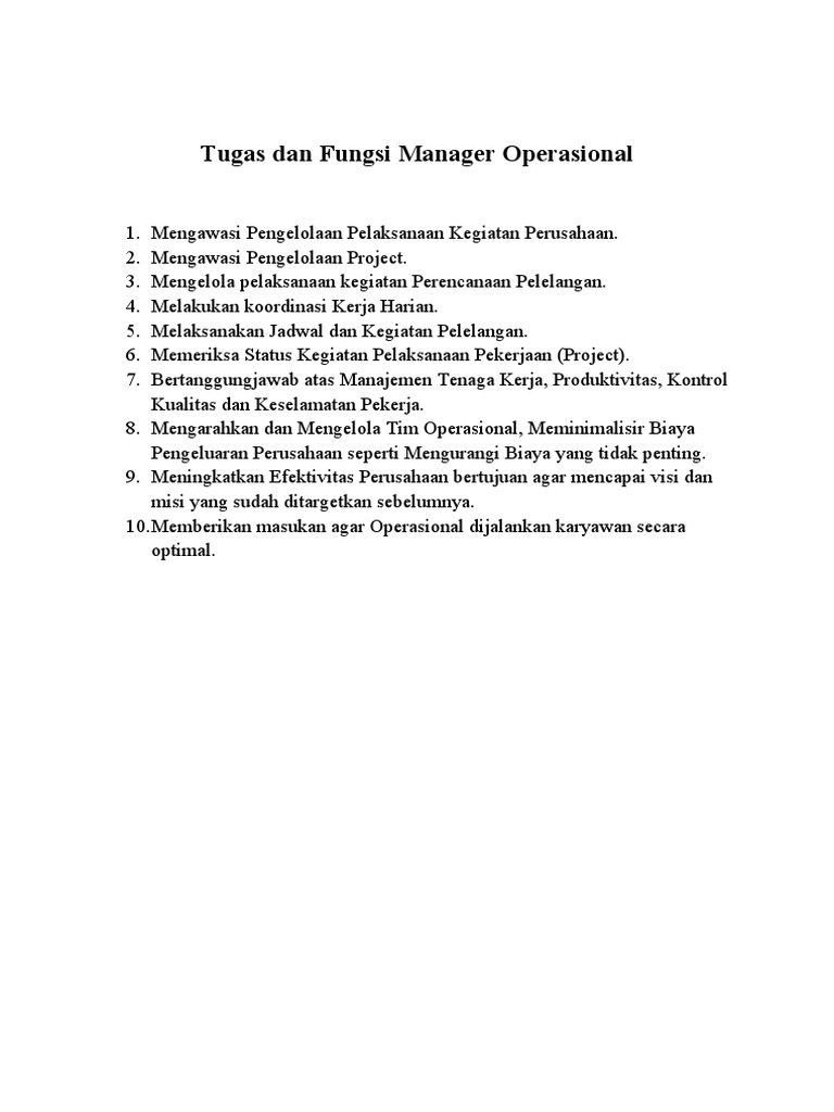 Tugas Dan Fungsi Manager Operasional | PDF