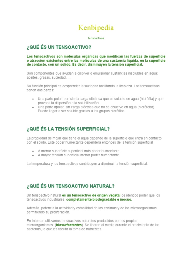 Definición de Tensoactivos y Mecanismo de Actividad | PDF ...