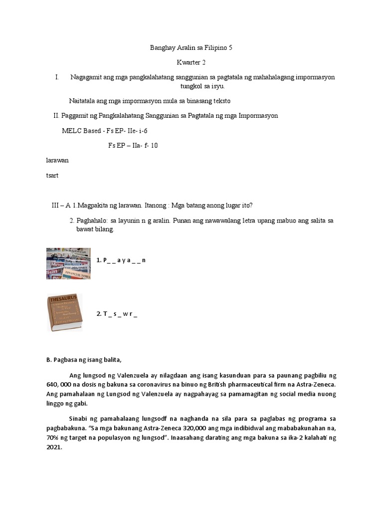 Banghay Aralin Sa Filipino 5 | PDF