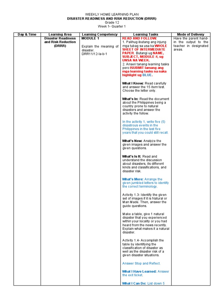 Learning Plan - DRRR-W1 | PDF | Risk | Neuropsychological Assessment