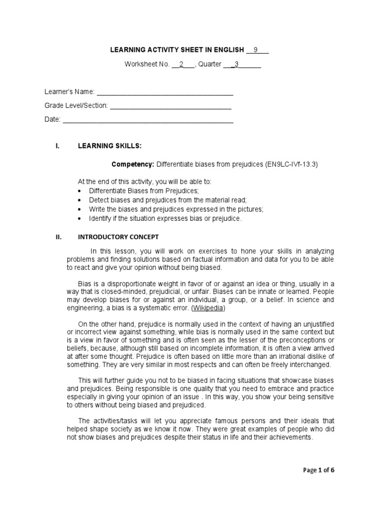 Analyzing Biases and Prejudices: A Worksheet on Differentiating Biases ...