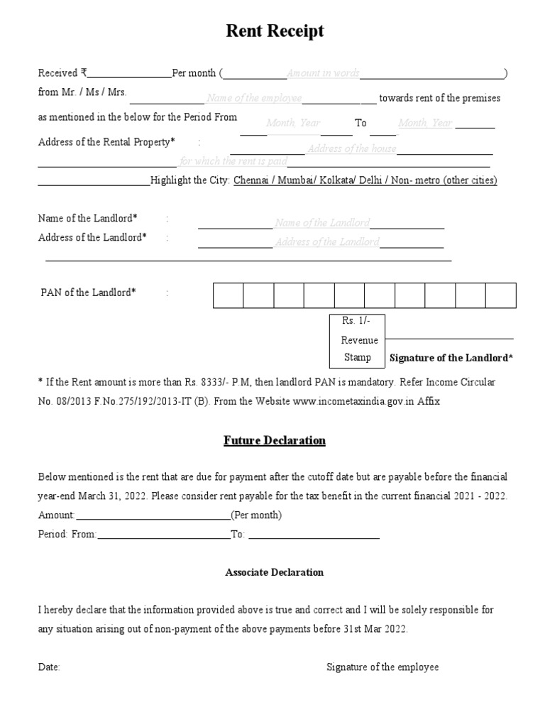 Yearly Rent Receipt Format for Tax | PDF