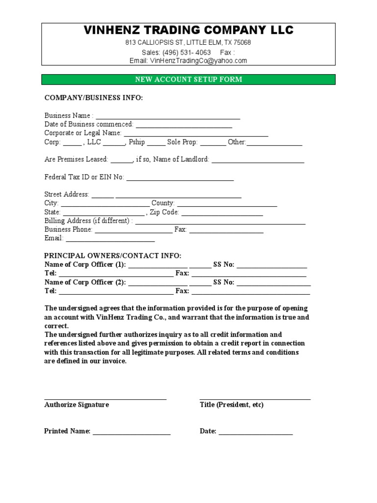 New Account Setup Form Pdf Guarantee Business