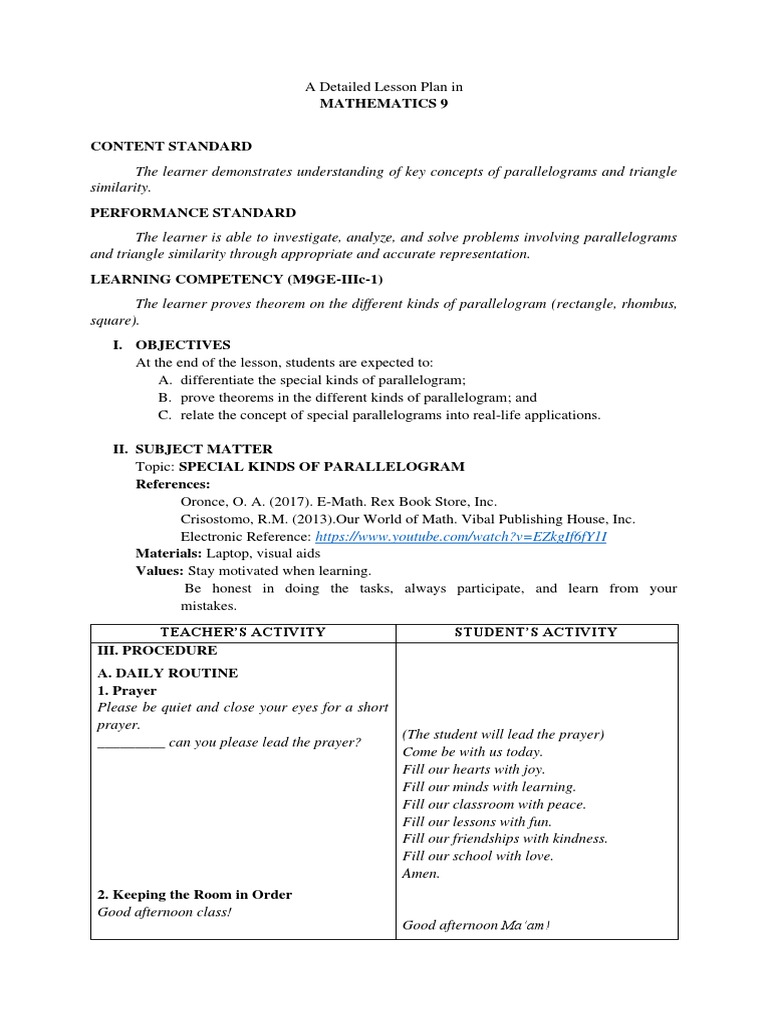 DIRECT INSTRUCTION Special Kinds of Parallelogram - Marymarasigan | PDF | Rectangle | Elementary ...