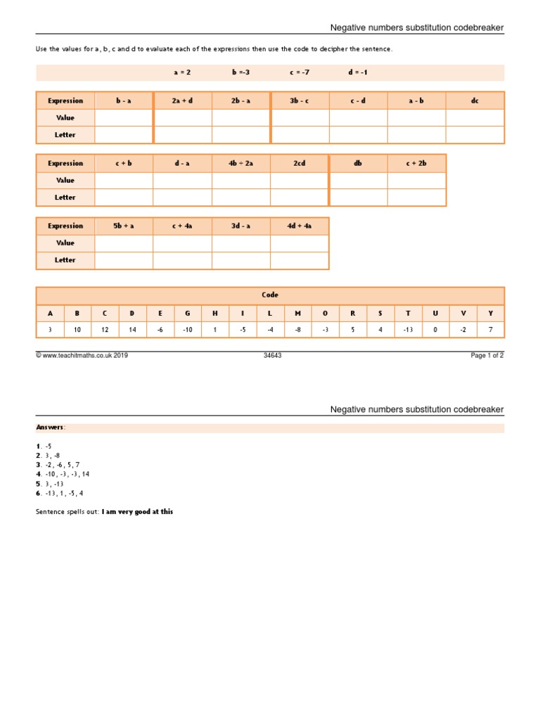 Negative Numbers Code Breaker | PDF