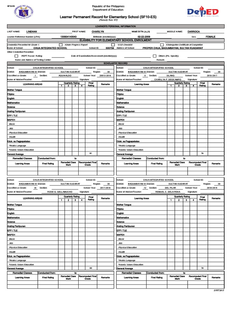 School Form 10 ES Learners Permanent Record | Download Free PDF | Cognition