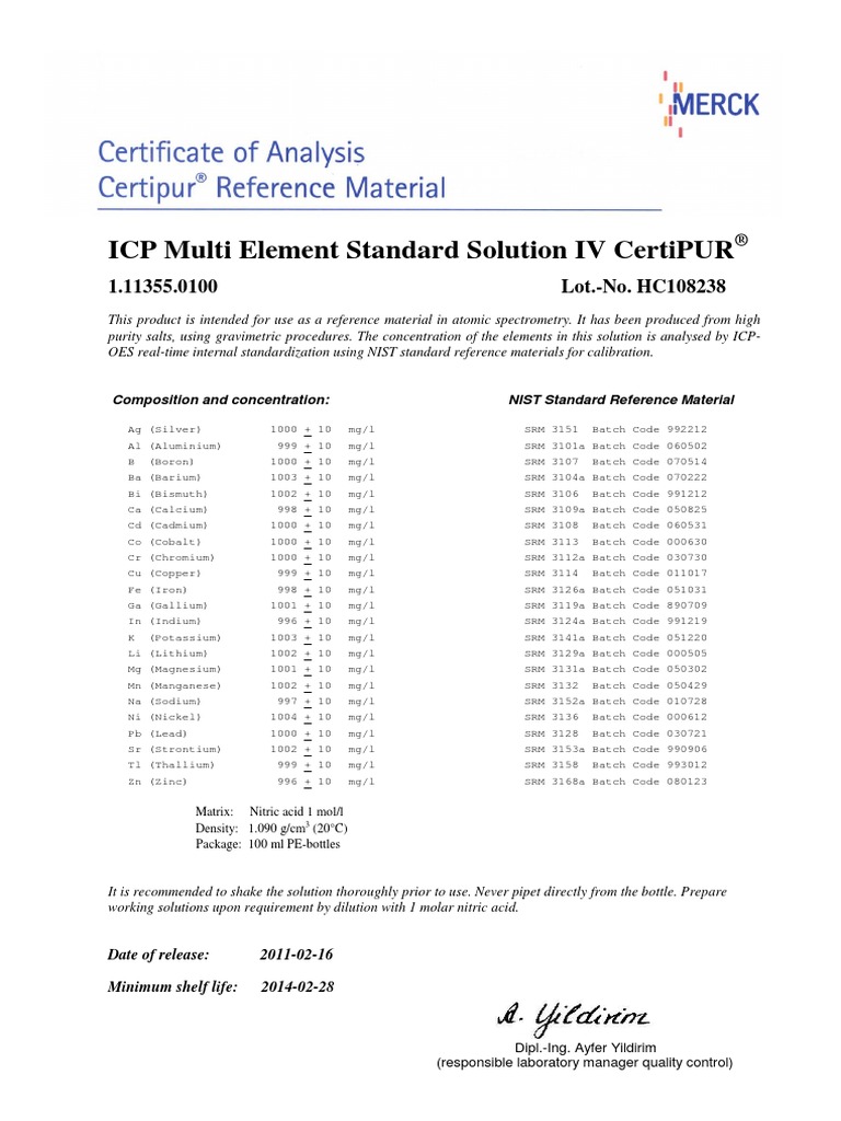 COA Multi Element Icp 1113550100 - HC108238 - X1 - EN | PDF | Magnesium ...