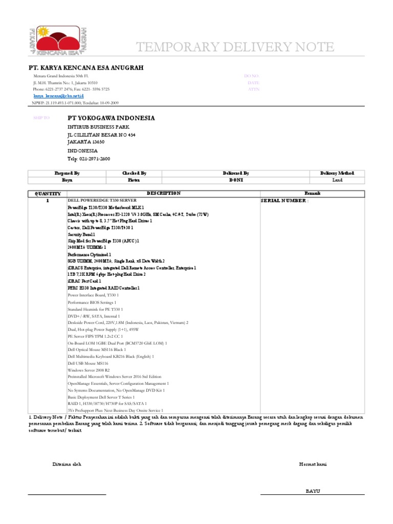 Temporary Delivery Note: Pt. Karya Kencana Esa Anugrah | Download Free ...
