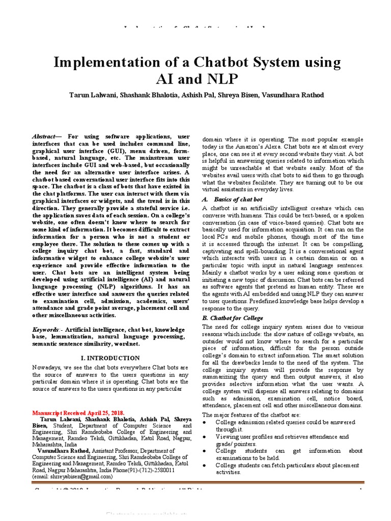 Implementation of A Chatbot System Using Ai and NLP | PDF | Graphical ...
