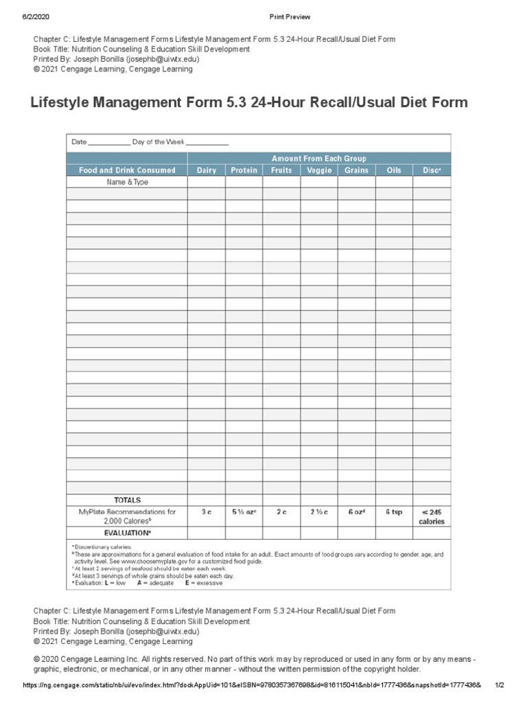 Lifestyle Management Form 5.3 24-Hour Recall/Usual Diet Form | PDF
