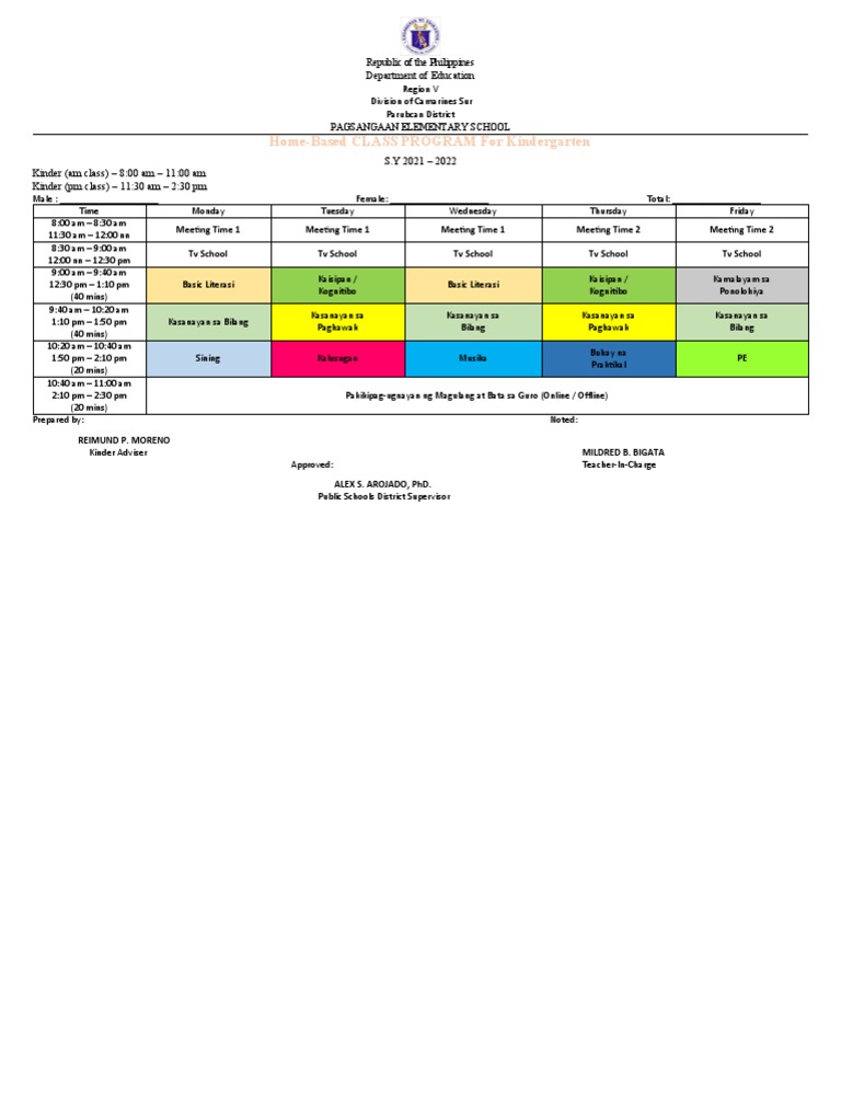 Class Program Kinder 2021 2022 Pdf