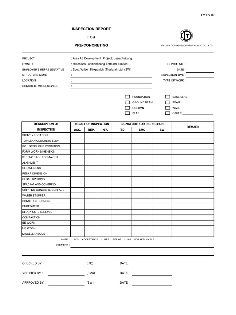 Concreting Inspection Form | PDF | Concrete | Civil Engineering