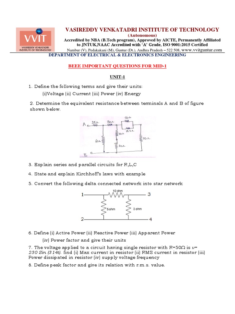 BEEE Important Questions for Mid-1 Exam | PDF | Transformer | Electric ...