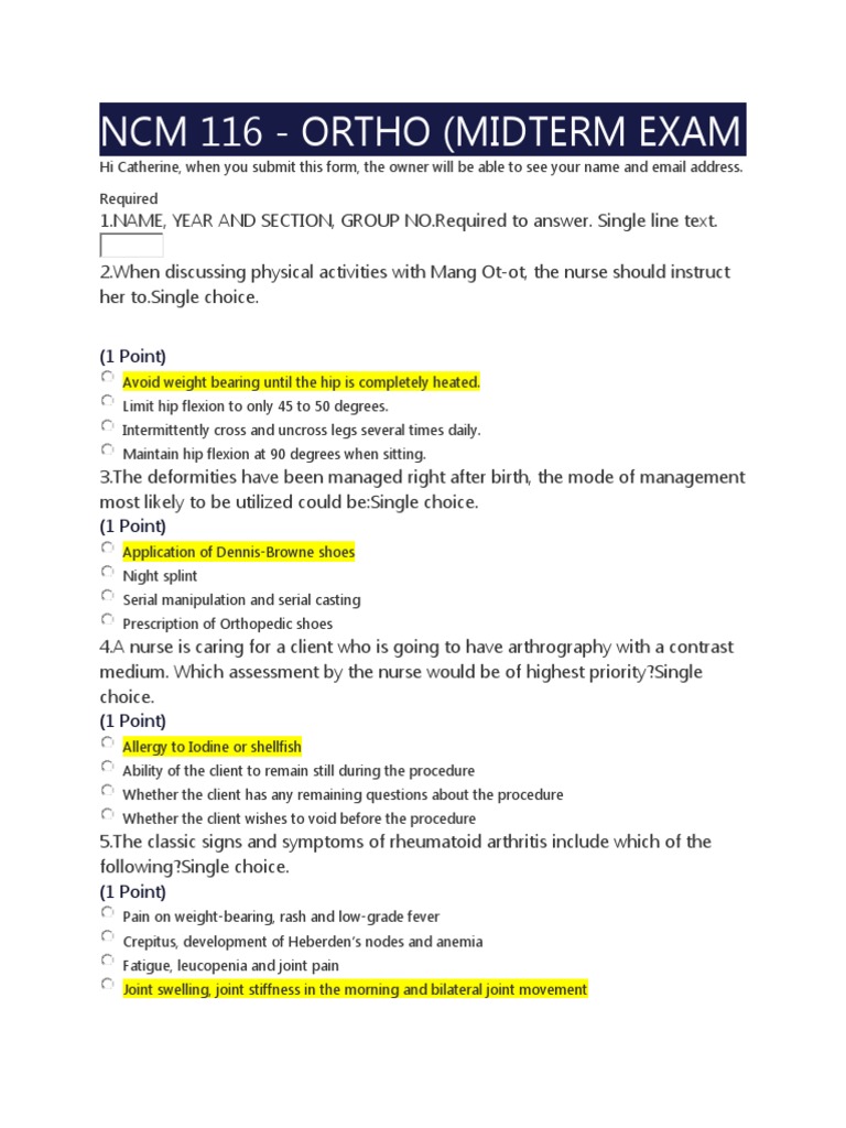NCM 116 - Ortho Midterm Exam Midyear | PDF | Back Pain | Osteoarthritis