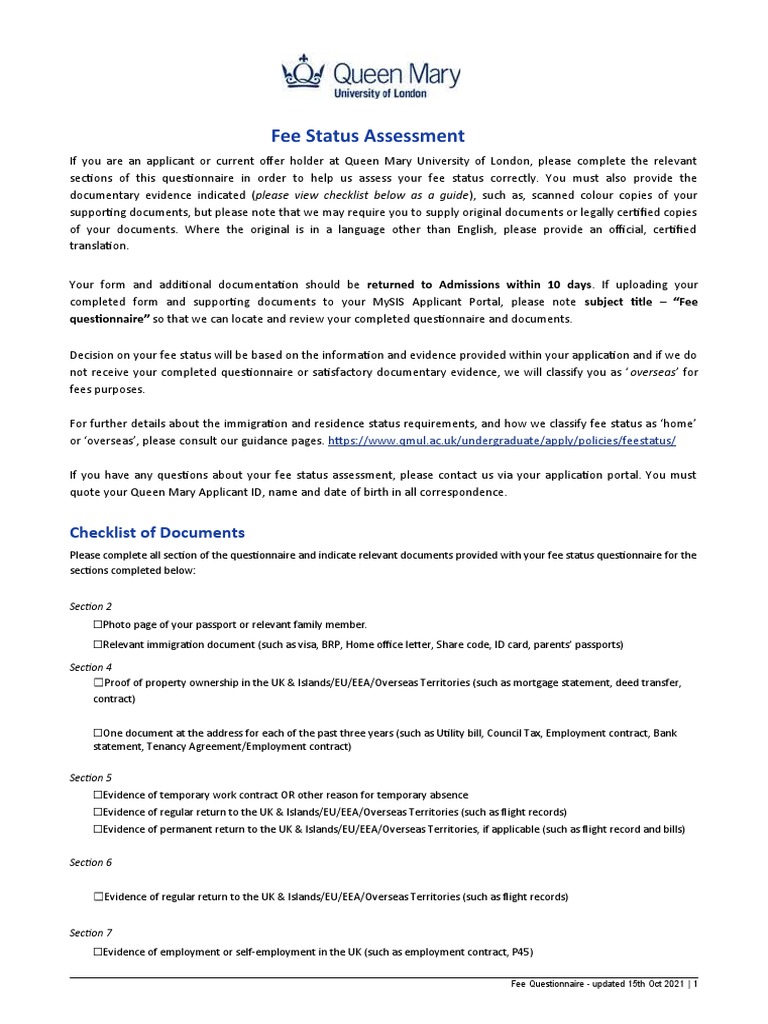 Fee Status Assessment: Checklist of Documents | PDF | Passport ...