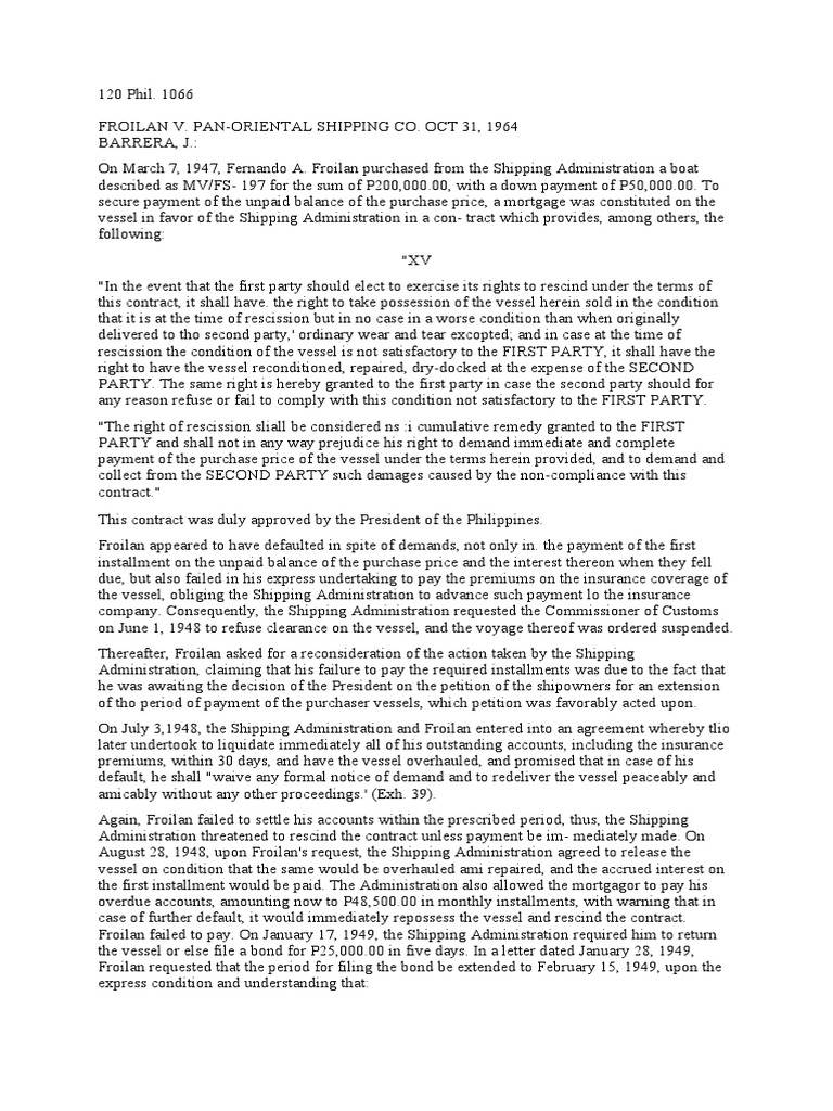 Pan-Oriental Shipping Co. case on rescission of contract and ...