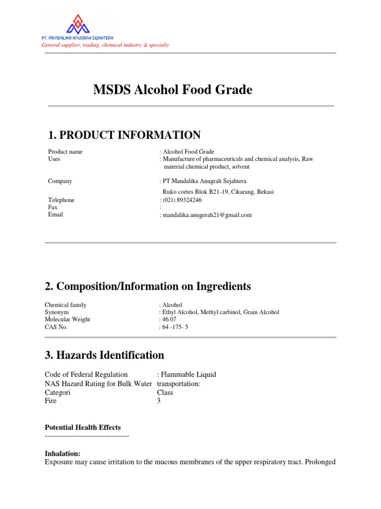 MSDS Alkohol Food Grade | PDF | Dangerous Goods | Ethanol