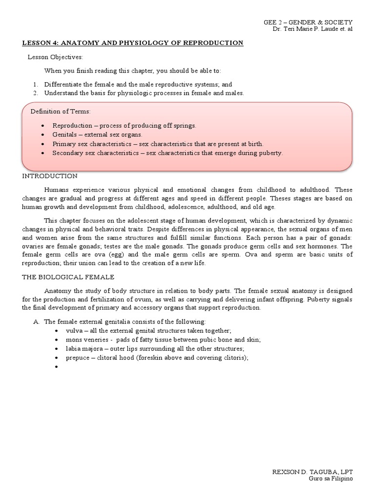 Lesson 4: Anatomy and Physiology of Reproduction: Gee 2 - Gender ...