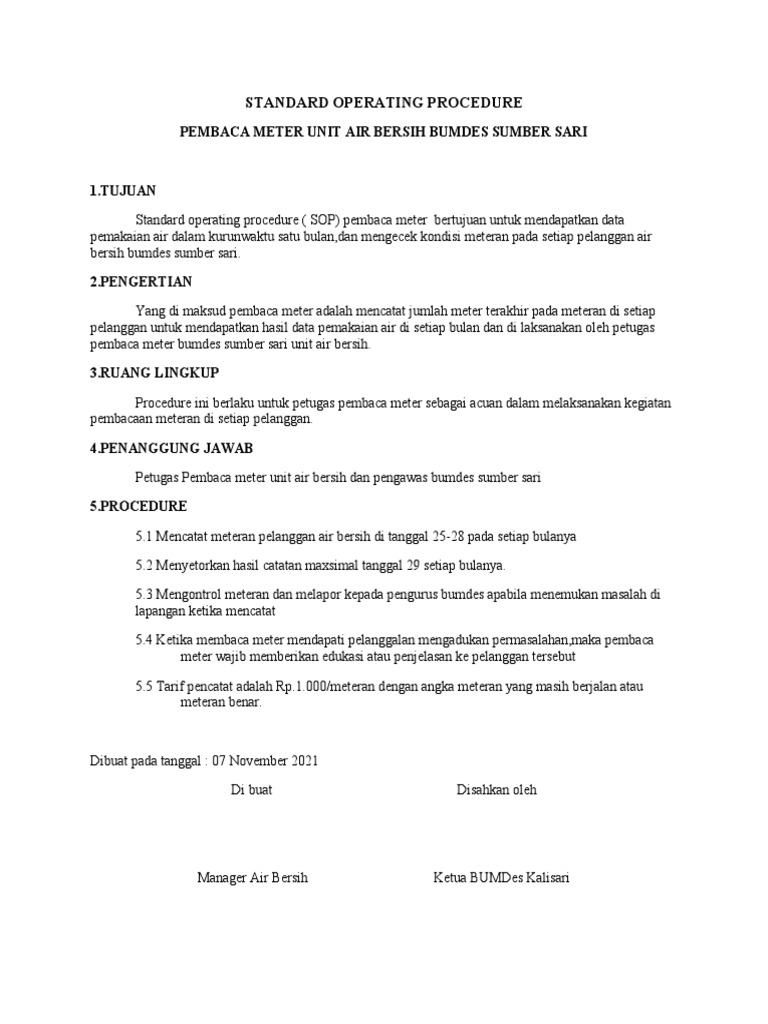 SOP Pembaca Meter Air Bersih BUMDes | PDF
