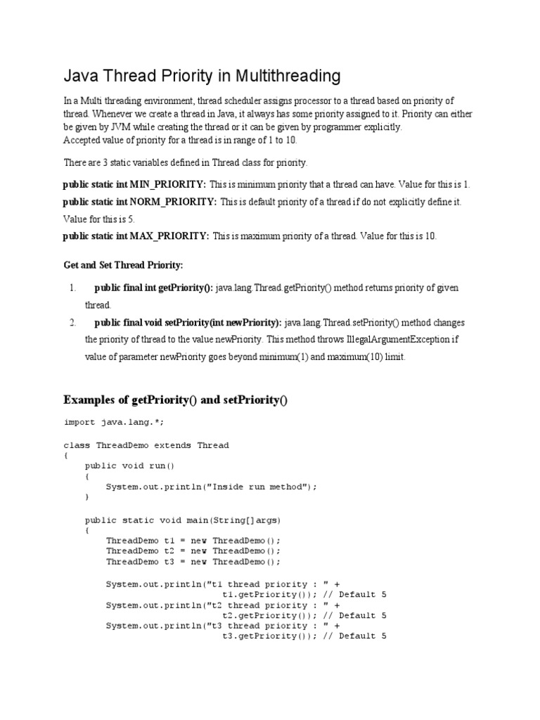 Java Thread Priority in Multithreading | PDF | Scheduling (Computing) | Thread (Computing)