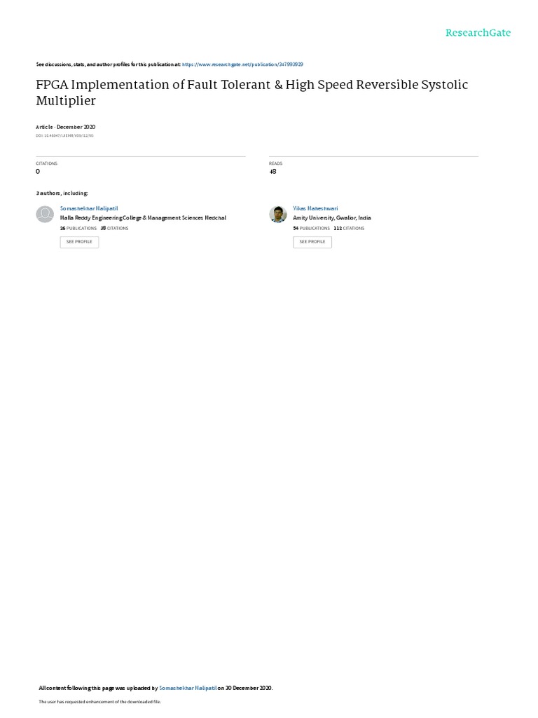 FPGA Implementation of Fault Tolerant & High Speed Reversible Systolic Multiplier | PDF | Field ...