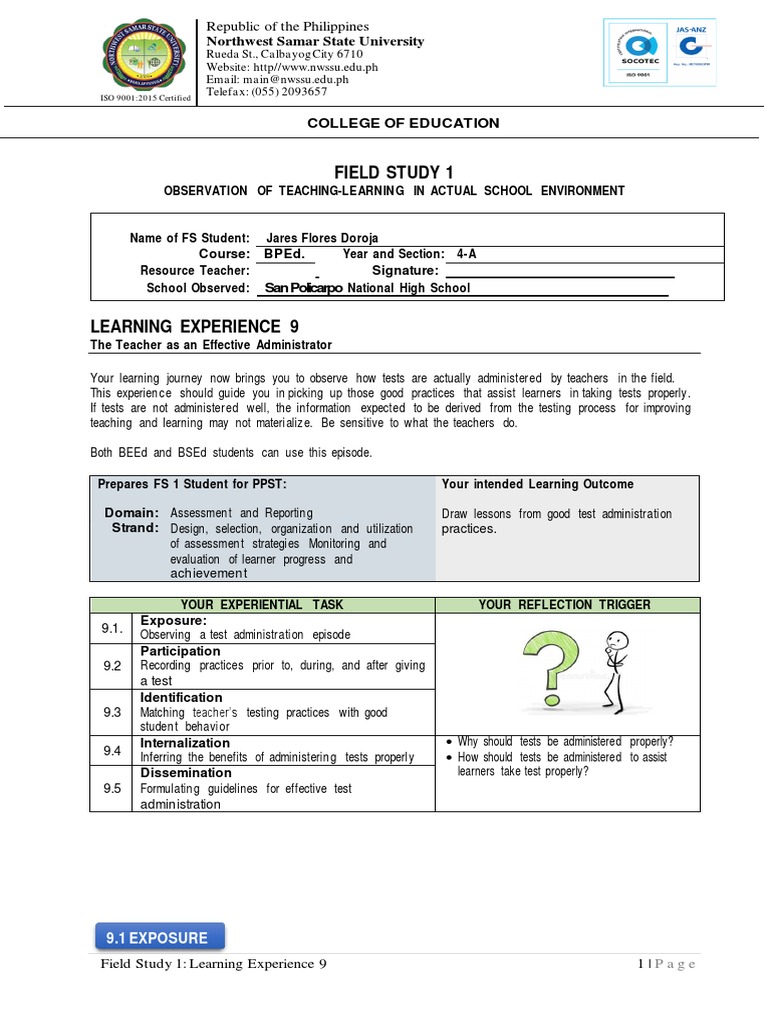 Field Study 1: 9.1 Exposure | PDF | Learning | Teachers