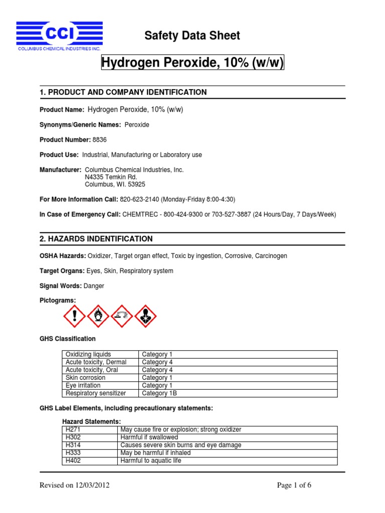 Hydrogen Peroxide, 10% (W/W) : Safety Data Sheet | PDF | Toxicity | Water
