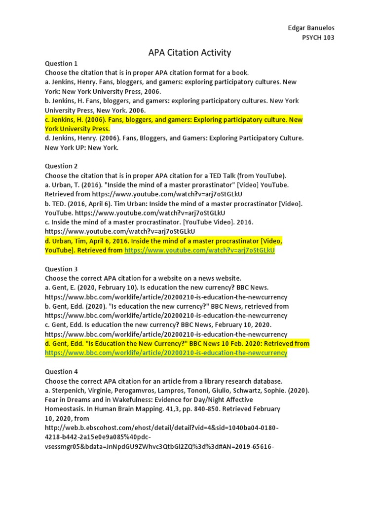 APA Citation Activity | PDF