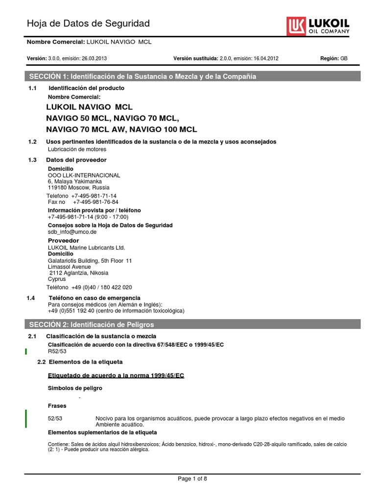 LUKOIL NAVIGO MCL Español | PDF | Residuos | Toxicidad