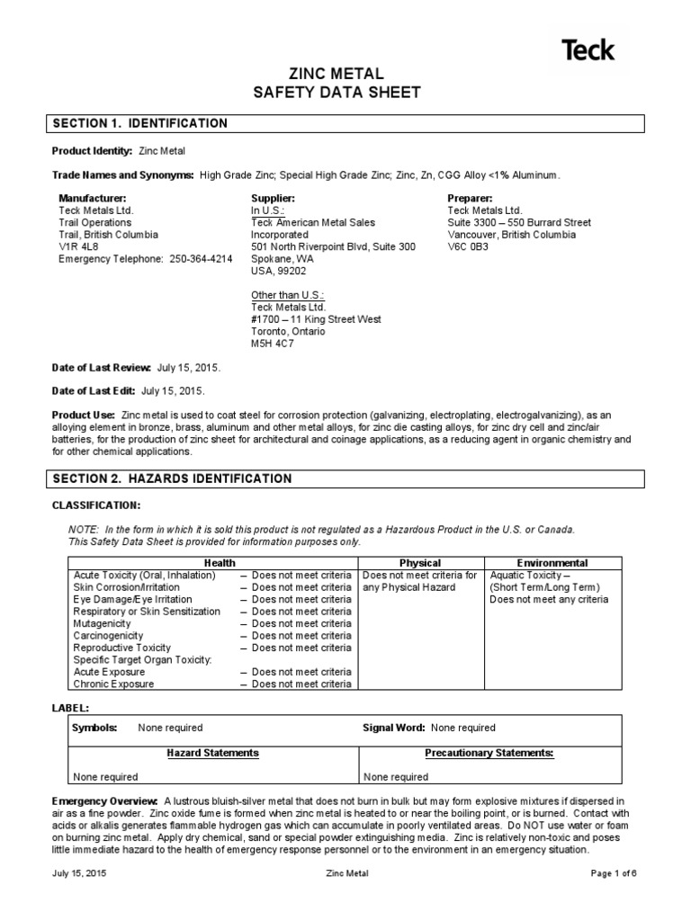 Zinc Metal Safety and Hazards Guide | PDF | Chlorine | Toxicity