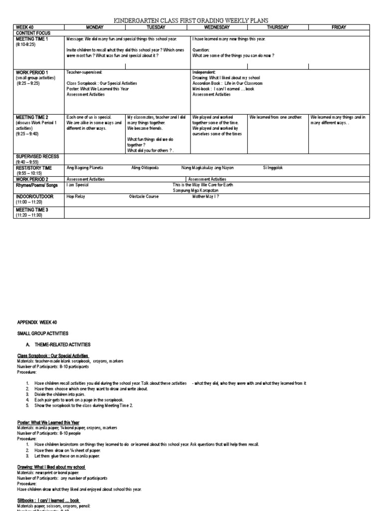 Kindergarten Lesson Plan Week 40 | PDF | Teaching | Learning