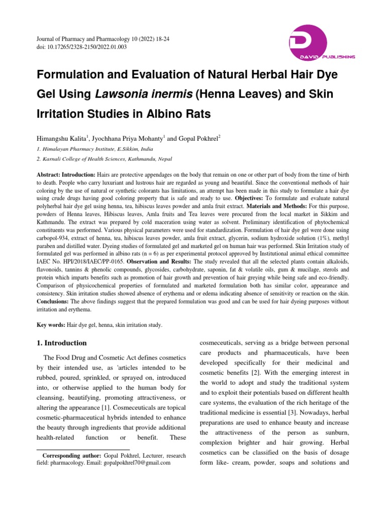 Natural Herbal Hair Dye Gel Formulation | PDF | Cosmetics | Solubility