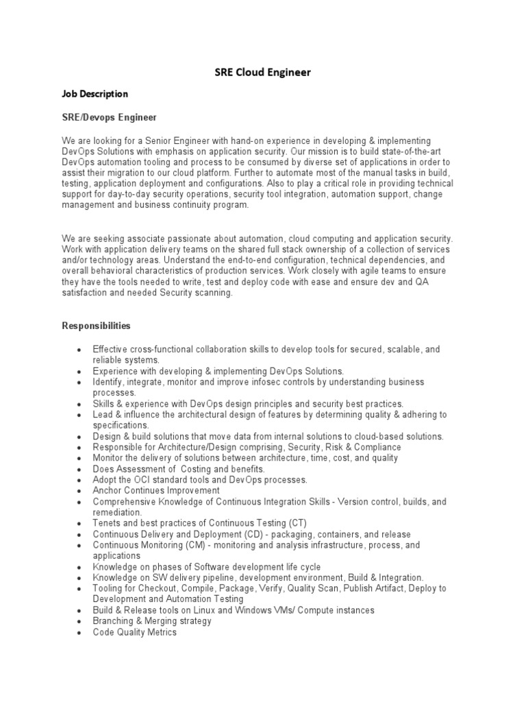 SRE Cloud Engineer JD | PDF | Cloud Computing | Software Development