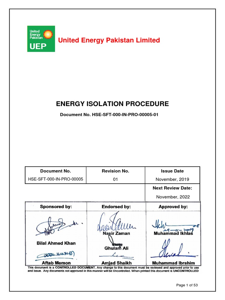 Energy Isolation Procedure - HSE-SFT-000-IN-PRO-00005-01 | PDF